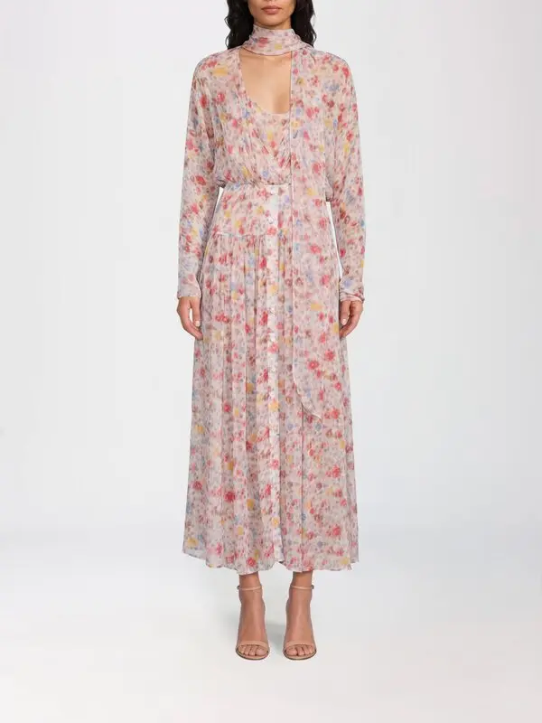 GANNI Pleated Floral Silk Chiffon Midi Dress With Pussy-bow Collar