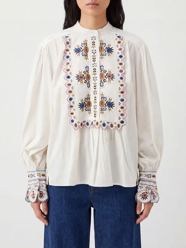 Isabel Marant Étoile Embroidered Linen-blend Blouse With Ruffled Shoulders - Beige