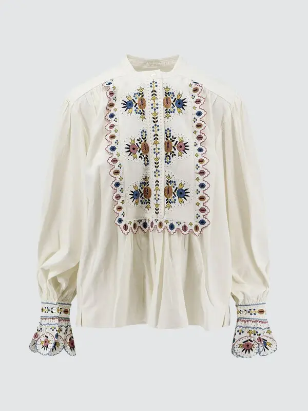 Isabel Marant Étoile Embroidered Linen-blend Blouse With Ruffled Shoulders - Beige