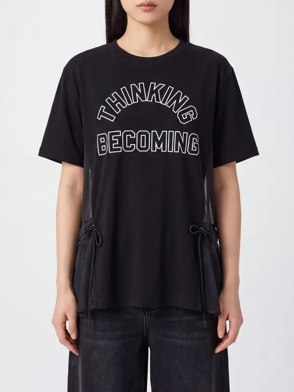 Sacai Cotton T-shirt With Chiffon Inserts And Drawstring Waist