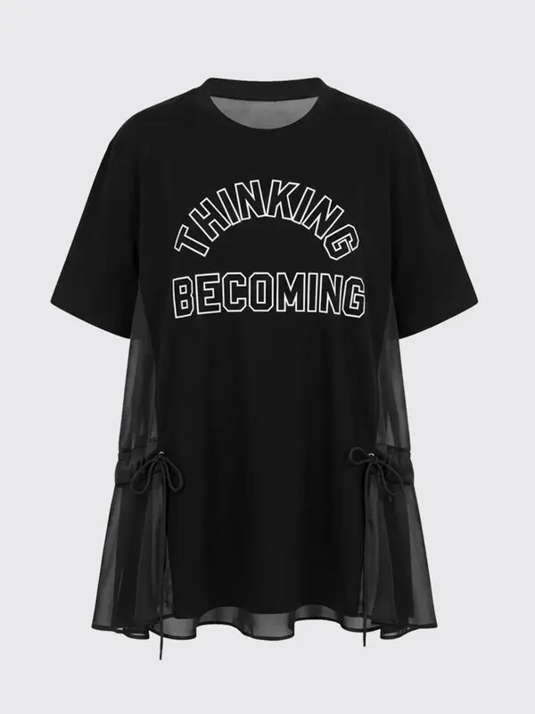 Sacai Cotton T-shirt With Chiffon Inserts And Drawstring Waist