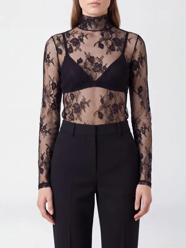 Patrizia Pepe Sheer Floral Lace Long-sleeved Turtleneck Top