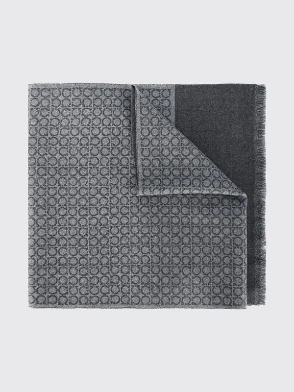 FERRAGAMO Gancini Pattern Pure Wool Scarf With Fringed Edges