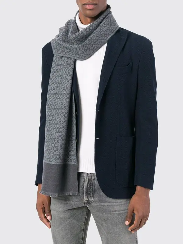 FERRAGAMO Gancini Pattern Pure Wool Scarf With Fringed Edges