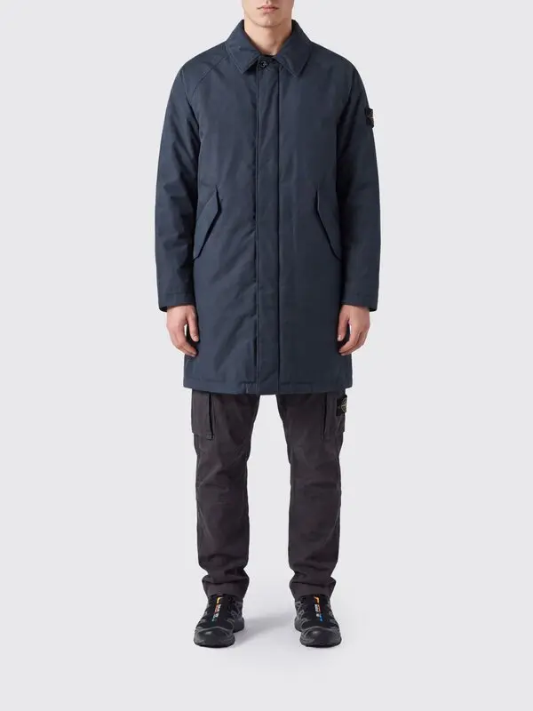 Stone Island Single-breasted Knee-length Trench Coat In Nylon With Logo Patch - Blue