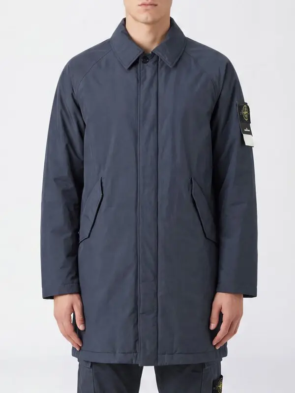 Stone Island Single-breasted Knee-length Trench Coat In Nylon With Logo Patch - Navy