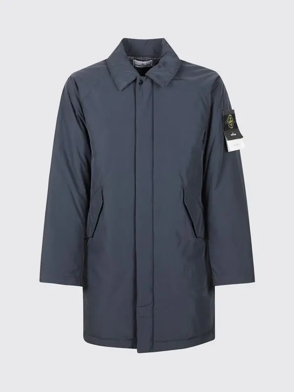 Stone Island Single-breasted Knee-length Trench Coat In Nylon With Logo Patch - Navy