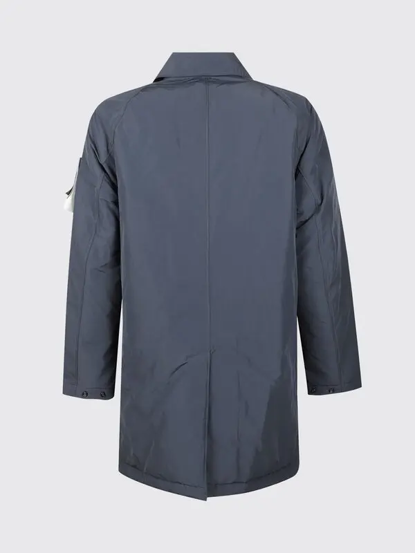 Stone Island Single-breasted Knee-length Trench Coat In Nylon With Logo Patch - Navy