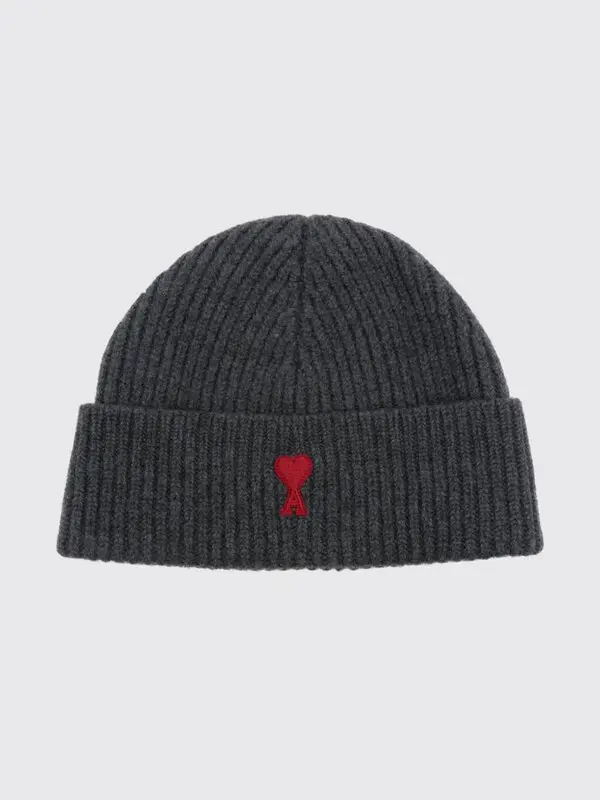 AMI Paris Wool Beanie Hat With Contrast De Coeur Logo - Grey