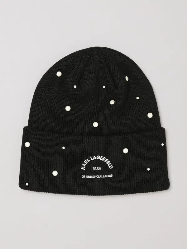 Karl Lagerfeld Wool And Cashmere Blend Beanie With Contrast Logo And Pearls - Black