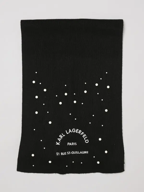 Karl Lagerfeld Wool And Cashmere Blend Scarf With Logo And Synthetic Pearls - Black