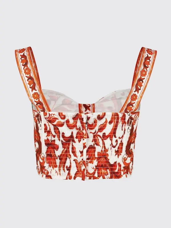 Dolce & Gabbana Cropped Bralette In Cotton With Majolica Print And Square Neck - Orange