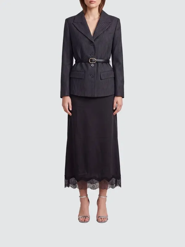 SELF-PORTRAIT Pinstripe Midi Blazer Dress With Peak Lapels And Lace Inserts - Grey