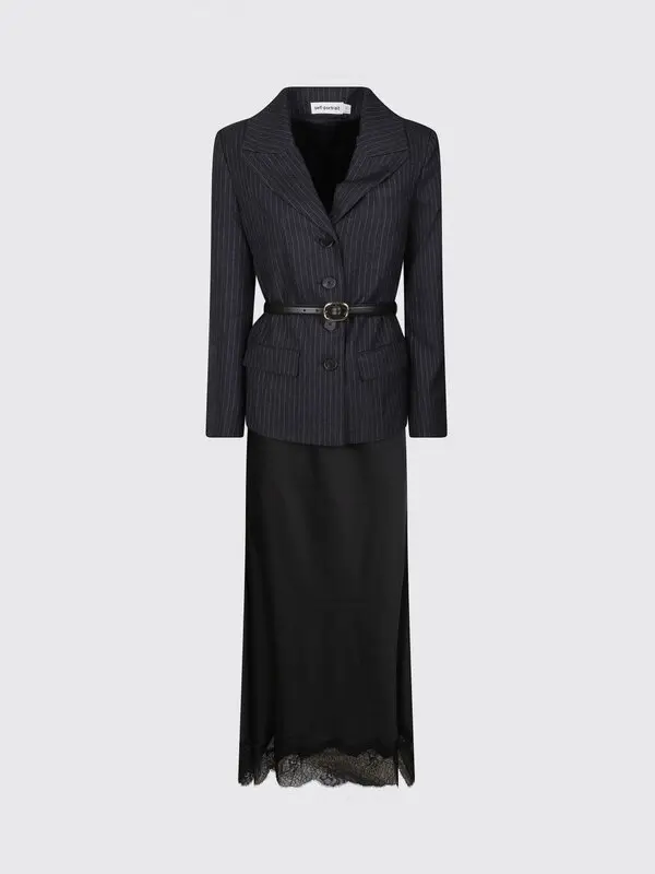 SELF-PORTRAIT Pinstripe Midi Blazer Dress With Peak Lapels And Lace Inserts