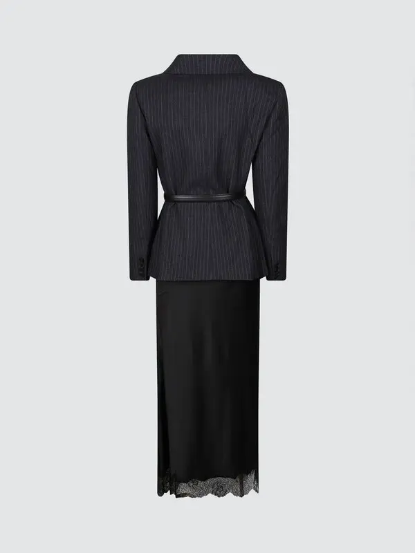 SELF-PORTRAIT Pinstripe Midi Blazer Dress With Peak Lapels And Lace Inserts