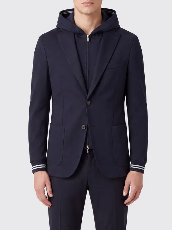 Eleventy Single-breasted Cotton Blazer With Hood And Contrast Piping - Blue