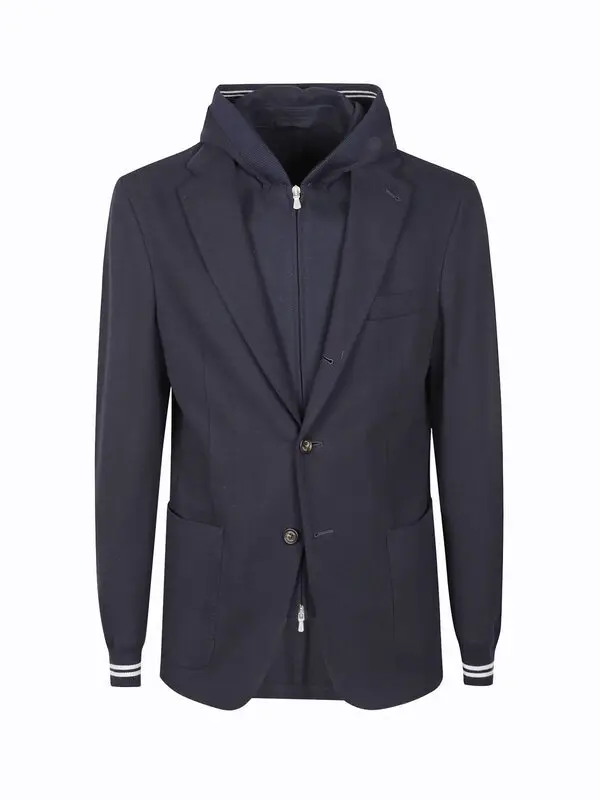 Eleventy Single-breasted Cotton Blazer With Hood And Contrast Piping - Blue