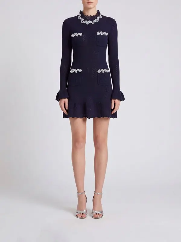 SELF-PORTRAIT Off-shoulder Pointelle-knit Mini Sheath Dress With Jewel Buttons - Navy
