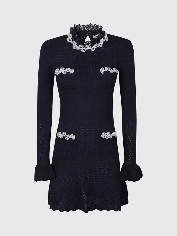 SELF-PORTRAIT Off-shoulder Pointelle-knit Mini Sheath Dress With Jewel Buttons - Navy