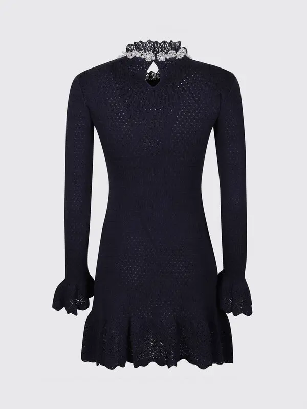 SELF-PORTRAIT Off-shoulder Pointelle-knit Mini Sheath Dress With Jewel Buttons - Navy