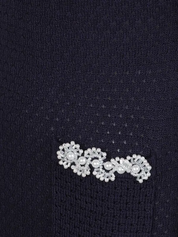 SELF-PORTRAIT Off-shoulder Pointelle-knit Mini Sheath Dress With Jewel Buttons - Navy