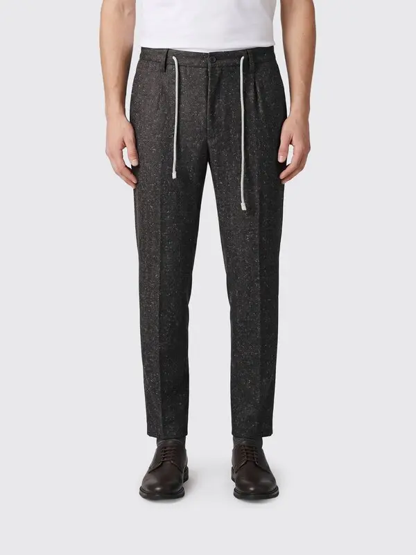 Eleventy Slim Fit Trousers In Wool And Silk With Abstract Pattern And Drawstring Waist - Dark