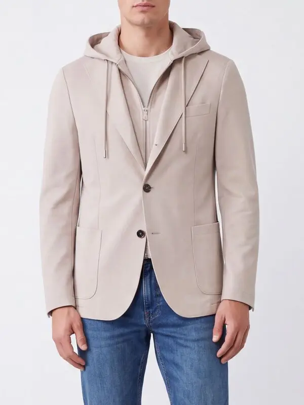 Eleventy Single-breasted Blazer In Wool And Technical Fabric With A Zipped Hooded Insert - Sand