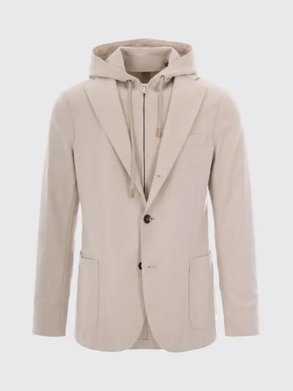Eleventy Single-breasted Blazer In Wool And Technical Fabric With A Zipped Hooded Insert - Sand