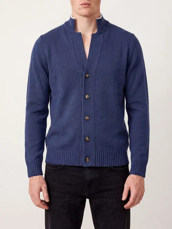 Eleventy High Neck Wool Cardigan With Ribbed Trims - Blue