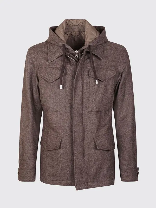 Eleventy Hooded Jacket In Wool And Cashmere Blend With Flap Utility Pockets - Dark