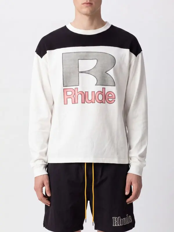 Rhude Long-sleeved Cotton T-shirt With Contrast Logo Print - White