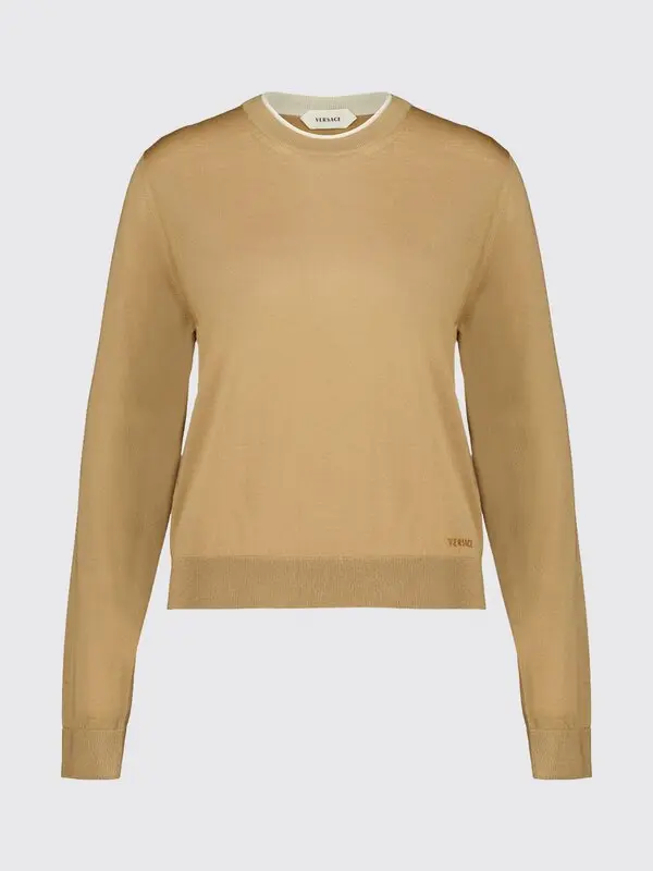 Versace Wool Crewneck Jumper With Ribbed Trims - Beige