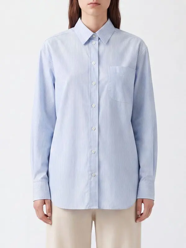 THE ROW Striped Cotton Shirt With French Collar And Patch Pocket - White
