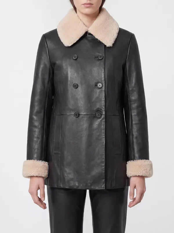 Liviana Conti Double-breasted Leather Coat With Fur Collar And Cuffs - Black