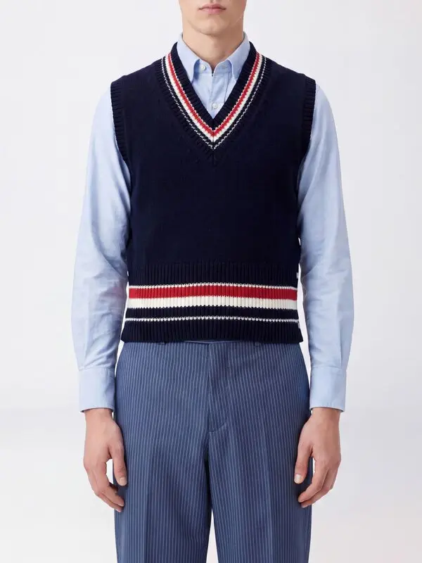 Thom Browne Striped Graphic V-neck Wool Blend Knitted Vest - Navy