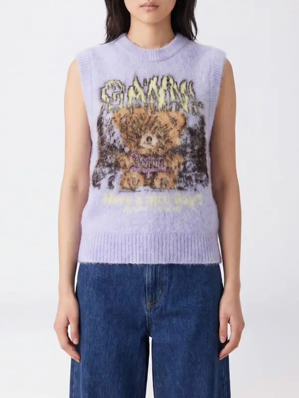 GANNI Alpaca Blend Knitted Vest With Jacquard Graffiti Print