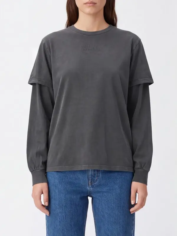 GANNI Long-sleeved T-shirt In Recycled Cotton Jersey - Charcoal