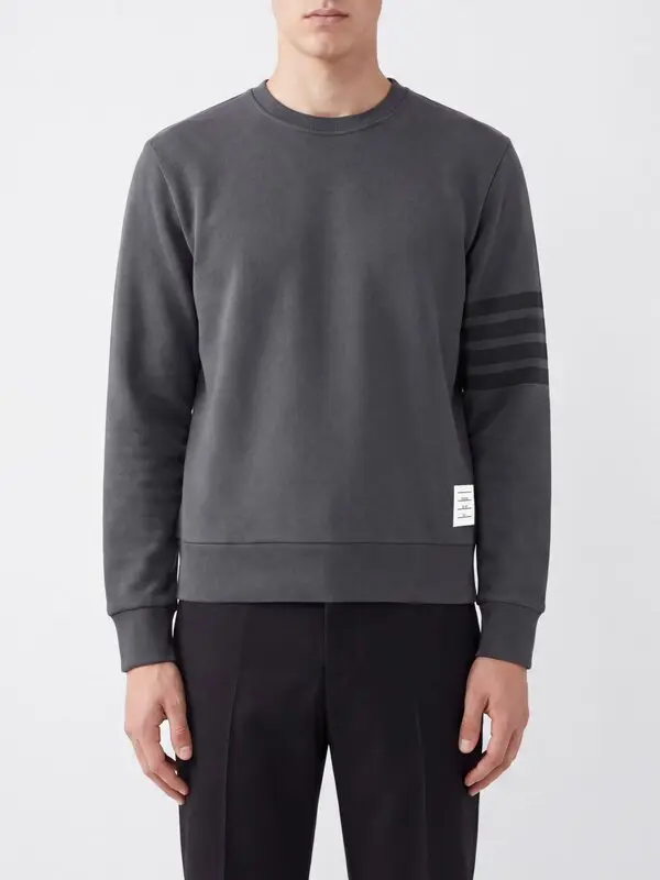 Thom Browne Crewneck Cotton Sweatshirt With Contrast 4-bar Detail - Black