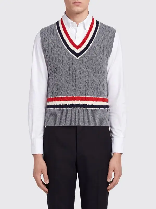 Thom Browne Striped V-neck Merino Wool Knit Vest With Signature Flag - Grey