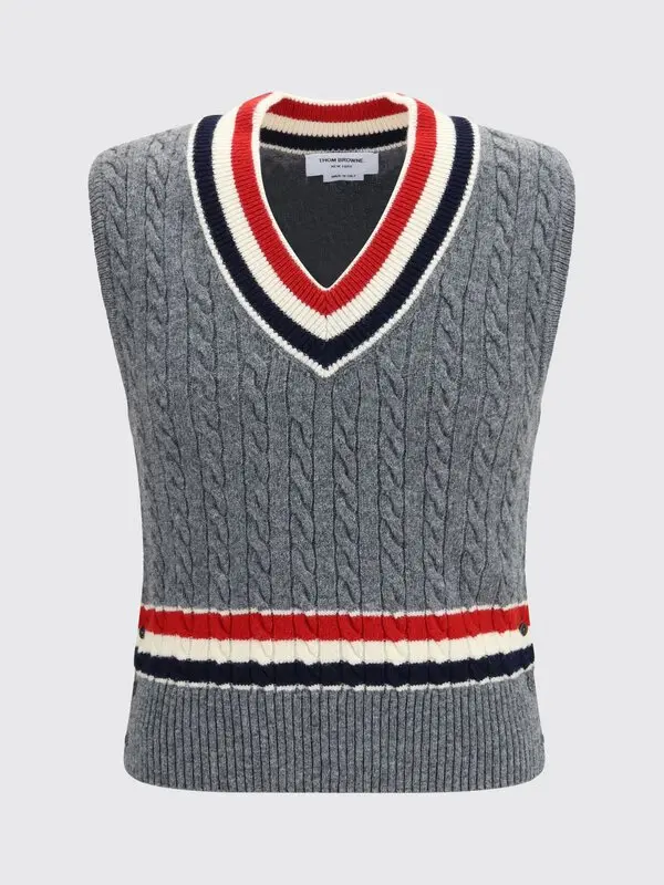 Thom Browne Striped V-neck Merino Wool Knit Vest With Signature Flag - Grey