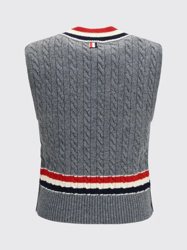 Thom Browne Striped V-neck Merino Wool Knit Vest With Signature Flag - Grey