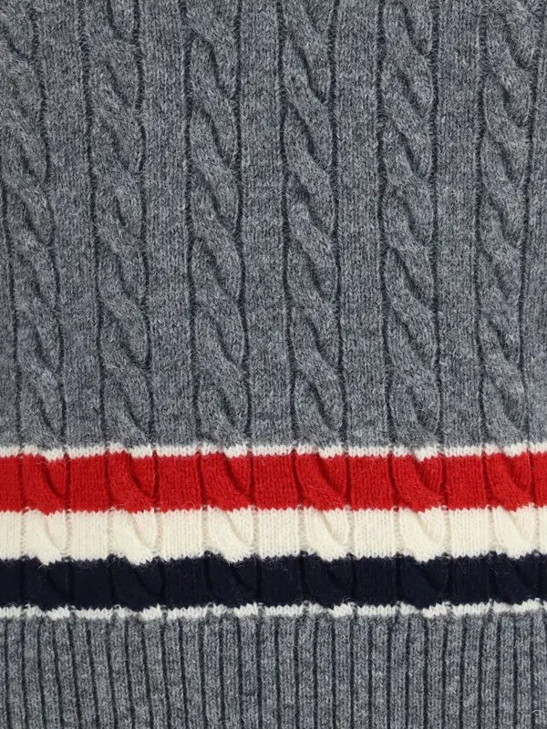 Thom Browne Striped V-neck Merino Wool Knit Vest With Signature Flag - Grey