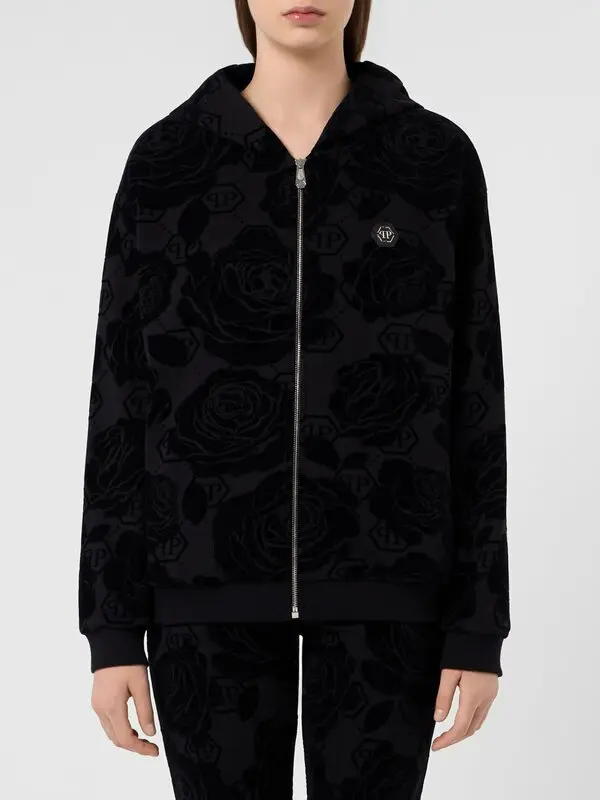 Philipp Plein Hooded Zip-up Sweatshirt With Floral And Monogram Print