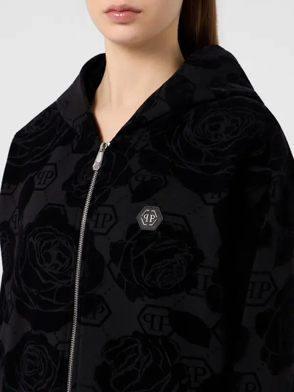 Philipp Plein Hooded Zip-up Sweatshirt With Floral And Monogram Print