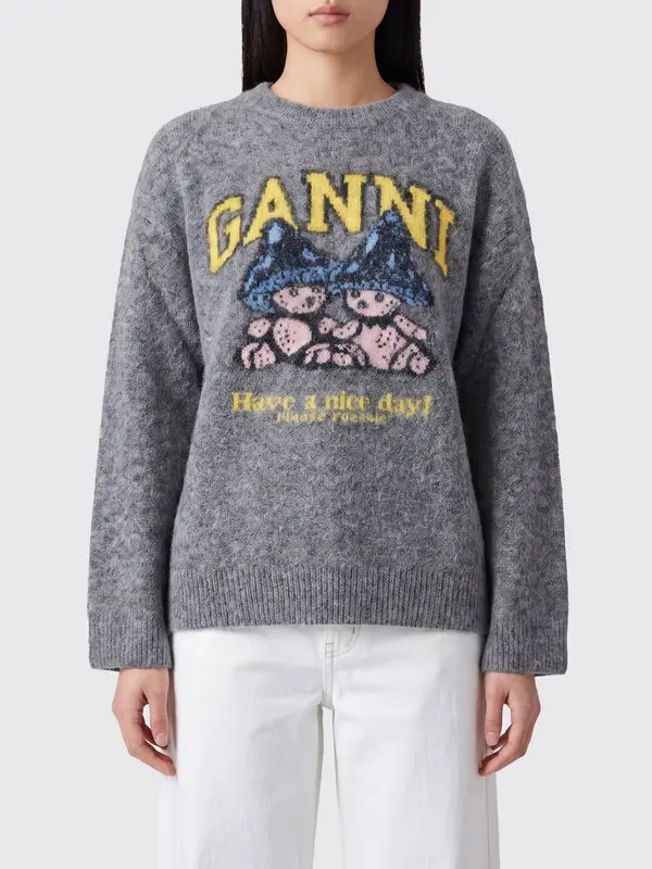 GANNI Crewneck Sweater In An Alpaca Blend With A Contrasting Graphic Jacquard Logo - Grey
