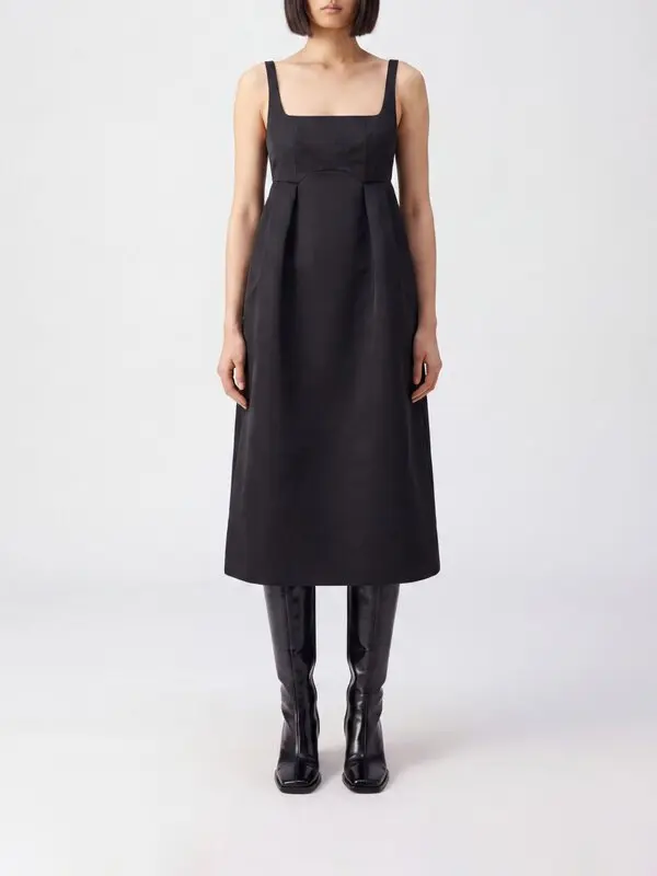 GANNI Polyester Midi Dress With Square Neckline And Off-the-shoulder Design - Black