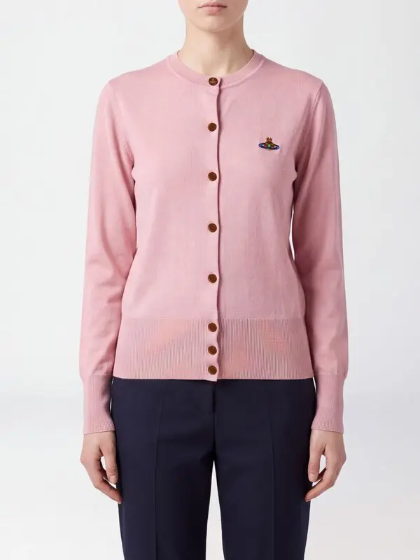 VIVIENNE WESTWOOD Crewneck Merino Wool Cardigan With Embroidered Orb Logo - Pink