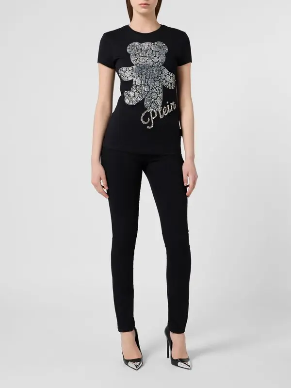 Philipp Plein Slim Fit T-shirt In Cotton With Rhinestone Teddy Bear Logo