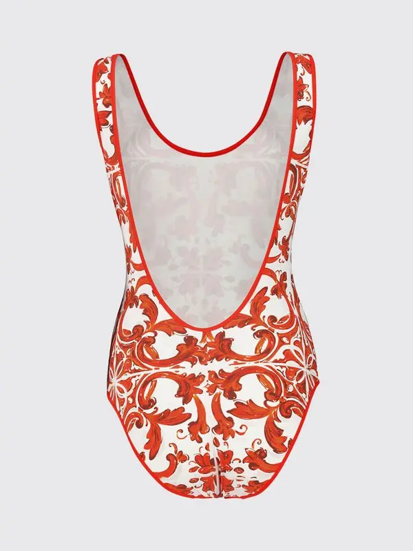 Dolce & Gabbana Majolica Print One-piece Swimsuit With Deep U-neckline - Orange
