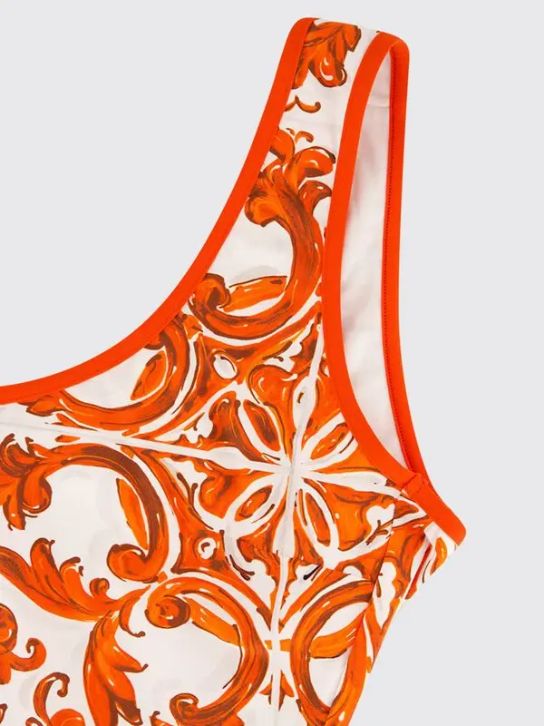 Dolce & Gabbana Majolica Print One-piece Swimsuit With Deep U-neckline - Orange